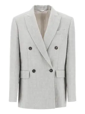 Brunello Cucinelli Herringbone Linen Double-breasted Blazer - White