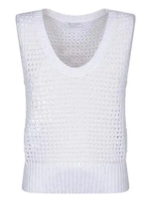 Brunello Cucinelli Sequin Embellished Open Knitted Vest - White