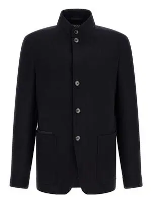 ZEGNA Zegna High-Neck Button-Front Jacket With Leather Detail