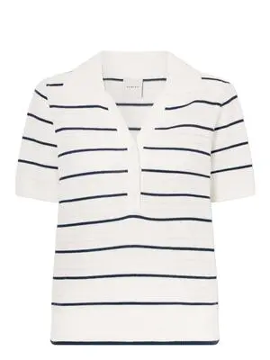 Varley Varley Openwork Striped Knit Polo Shirt White