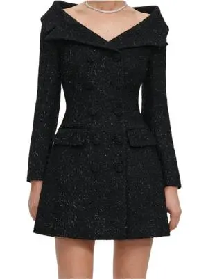 SELF-PORTRAIT Off-shoulder Double-breasted Mini Dress - Black