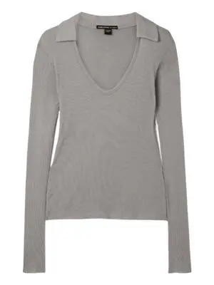 JAMES PERSE Ribbed Cotton And Cashmere-blend Polo Shirt - Gray