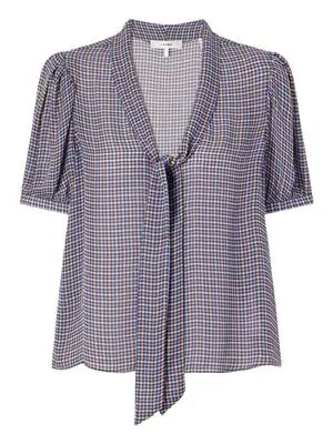 FRAME Frame Plaid Puff Sleeve Tie Neck Blouse