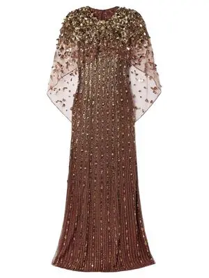 Jenny Packham Embellished Sequined Tulle Gown - Brown
