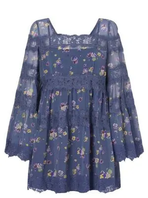 Anna Sui Pleated Floral-print Lace-trimmed Chiffon Mini Dress - No