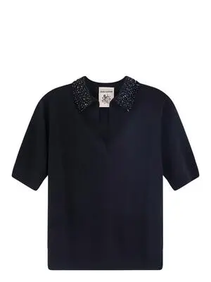 SEMICOUTURE Virgin Wool And Cashmere Blend Polo Shirt With Embellished Collar - Black