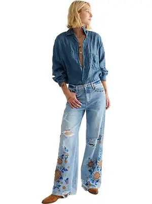 DRIFTWOOD Marlena Embroidered Wide-leg Jeans - Midnight Meadow