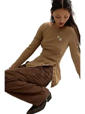 Free People Over You Asymmetric Long Sleeve Top - Tannin
