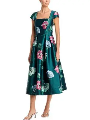 Eliza J Square Neck Cap Sleeve Midi Dress - Hunter