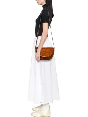 Valentino Garavani 2018-2026 Suede And Calfskin Rockstud Halfmoon Crossbody Bag - Brown