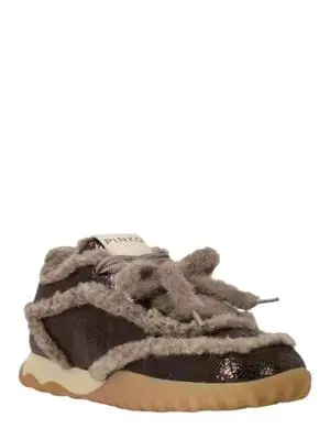 PINKO Cracked-Effect Shearling-Trim Sneakers