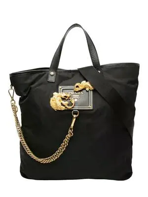 Prada Saffiano Trimmed Tessuto Animalier Dragon Satchel - Black