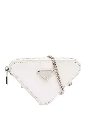 Prada Prada Brushed Leather Triangle Chain Pouch Crossbody Bag White