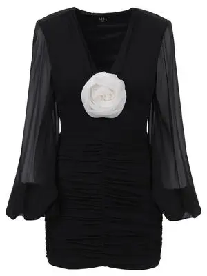 LITA COUTURE Sheer Ruched Floral Appliqué Dress - Black