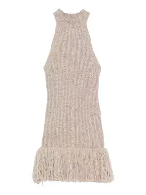 ELY ELY Fringe-trim Ribbed-knit Mini Dress - Neutrals