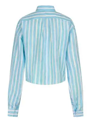PARAMIDONNA Striped Linen Cropped Shirt - Blue