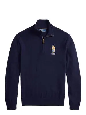 Ralph Lauren Polo Bear Embroidered Wool Quarter-zip Sweater - Hunter Navy