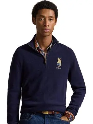 Ralph Lauren Polo Bear Embroidered Wool Quarter-zip Sweater - Hunter Navy