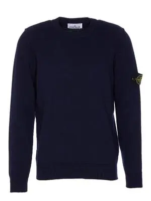 Stone Island Logo Crew Neck Long Sleeve Sweater - Blue