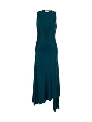 Victoria Beckham Long Dress Petrol Green With Round Neck And Ruching Details In Viscose For - Multicolor