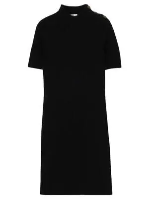 Burberry Short-sleeve Cashmere Dress With Button Shoulder Detail - Black