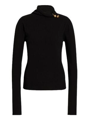 Alberta Ferretti Wool, Silk, And Cashmere Turtleneck Sweater With Floral Brooch - Black