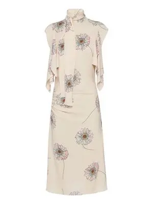 Prada Printed Sablé Dress With Scarf Collar - Bean Paste Color