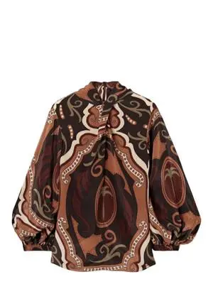 Johanna Ortiz Gathered Printed Silk Crepe De Chine Blouse - Brown