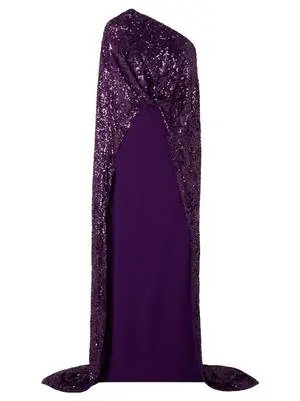 SAFIYAA LONDON Sequined Georgette Stretch Crepe Gown With Cape Effect - Black