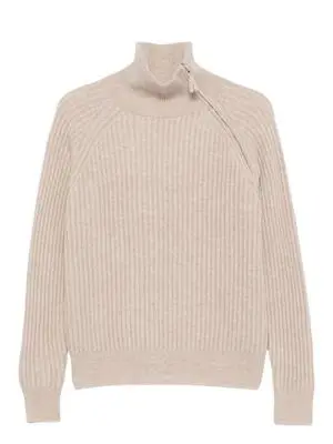 ALLUDE Allude Ribbed Knit Sweater With Off-Centre Zip Beige