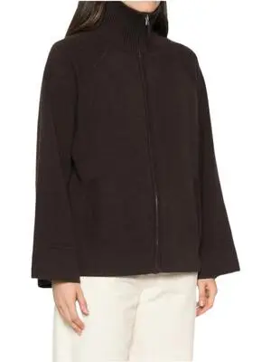 ALLUDE Long Sleeve Zip-up Jacket With Funnel Neck - Dark Brown
