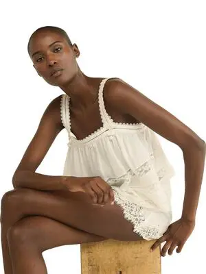 DÔEN Adalyn Ramie Lace Trim Square Neck Top - Salt