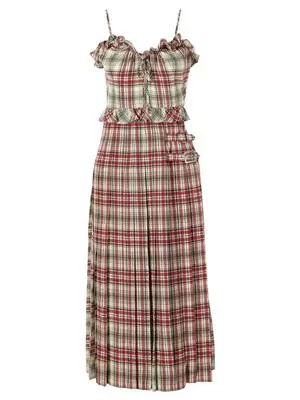 Alessandra Rich Pleated Checked Ruffled Silk-crepe De Chine Midi Dress - Green
