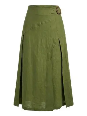 EXQUISE Burnice Buckle Detail Linen Midi Skirt Khaki - Green