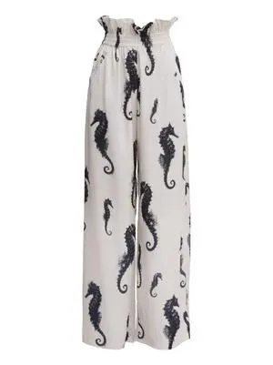 JULIA ALLERT Seahorse Print Paperbag Waist Wide-leg Trousers - White