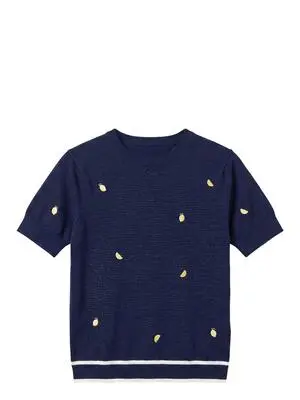 BRODIE CASHMERE Lemon Ditsy Embroidery Tee Navy - Blue/yellow