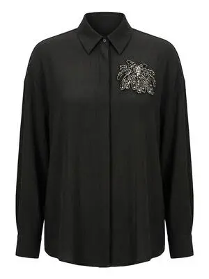 EXQUISE Exquise Collared Long Sleeve Embroidered Crinkle Shirt