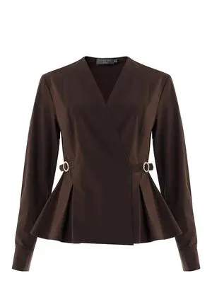 EXQUISE Ashlynn Wrap Collar Shirt - Brown