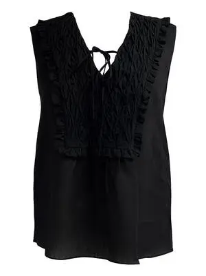 EXQUISE Sleeveless V-neck Lace Blouse With Ruffle Trim - Black