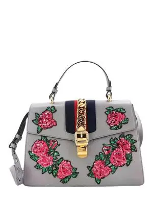 Gucci Sylvie Top Handle Bag Embroidered Leather Medium Satchel Grey