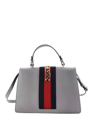 Gucci Sylvie Top Handle Bag Embroidered Leather Medium Satchel - Grey