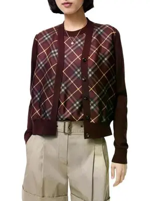 Burberry Check Panel Wool Silk Cardigan - Red