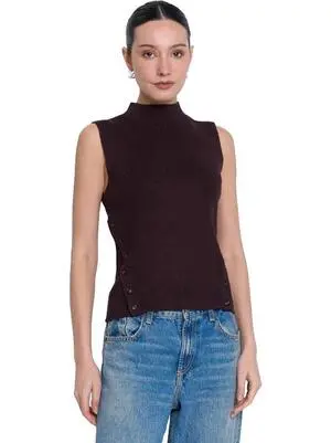Central Park West Sleeveless Turtleneck With Button Detail - Chocolate