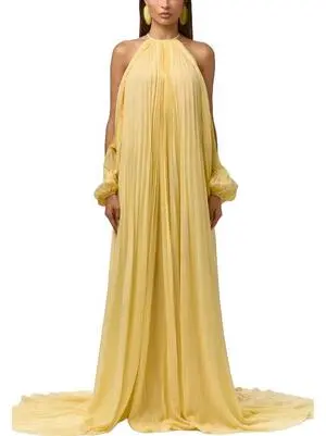 Naked Wardrobe Pleated Chiffon Halter Maxi Dress - Lemonade
