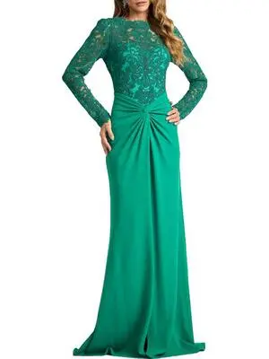 Tadashi Shoji Corded Lace & Crepe Gown - Emerald