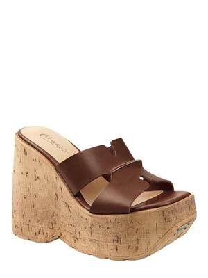 CANDIE'S Marabelle Platform Wedge Slide Sandal Brown Leather