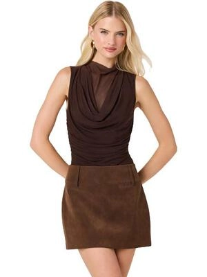 Astr The Label Shaina Layered Mesh Cowl Neck Top - Brown