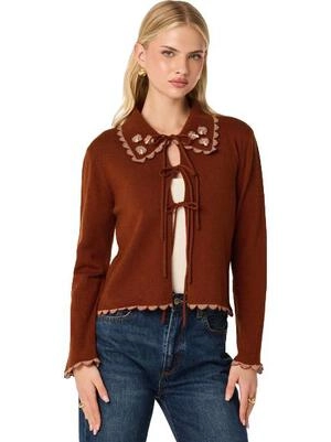 Astr The Label Keana Beaded Scallop-trim Cardigan - Rust