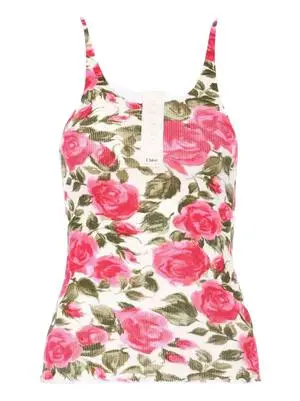 Chloé Floral Print Cotton Ribbed Tank Top - Red