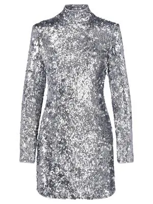 Balmain Long Sleeve High Neck Sequin Mini Dress - Silver